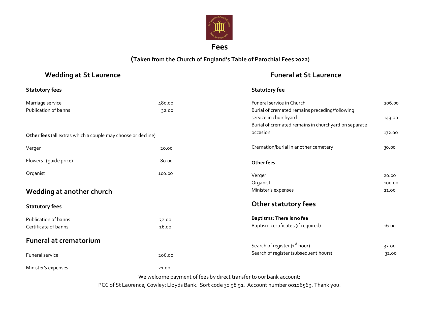 St Laurence Church Fees